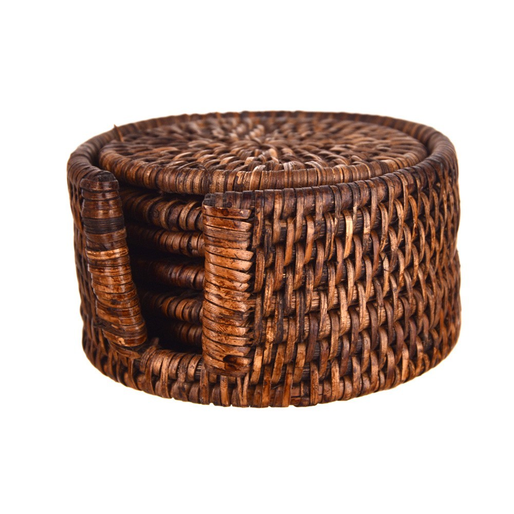 Dark Brown Round Rattan Coaster Set/6