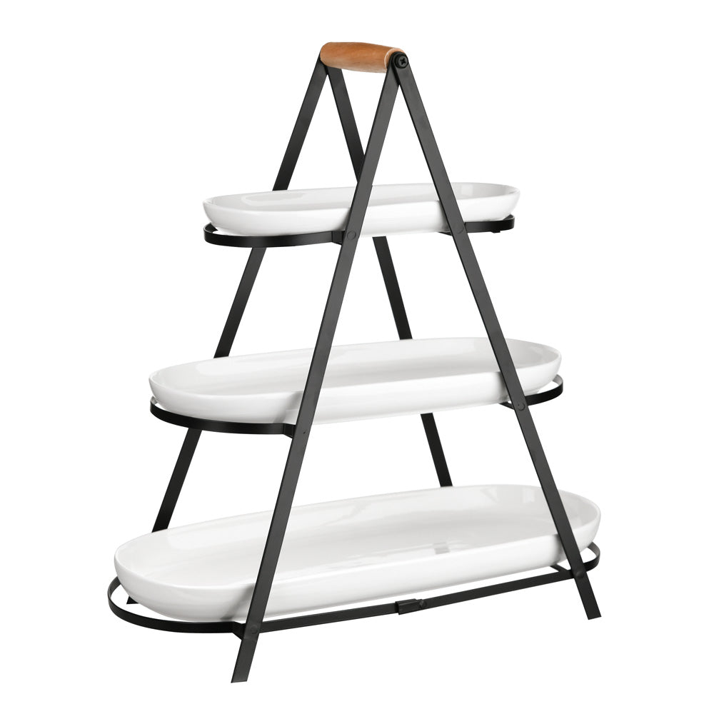 Black 3 Tier Serving Stand with White Platters